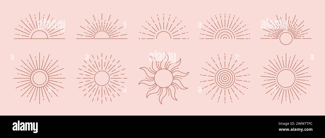 Collection of abstract boho sun, sunburst. Bohemian minimalist linear ...