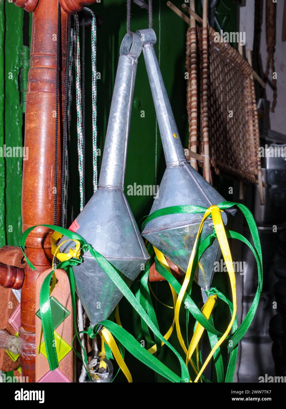 Metal maracas decorated with colorful ribbons, percussion musical ...
