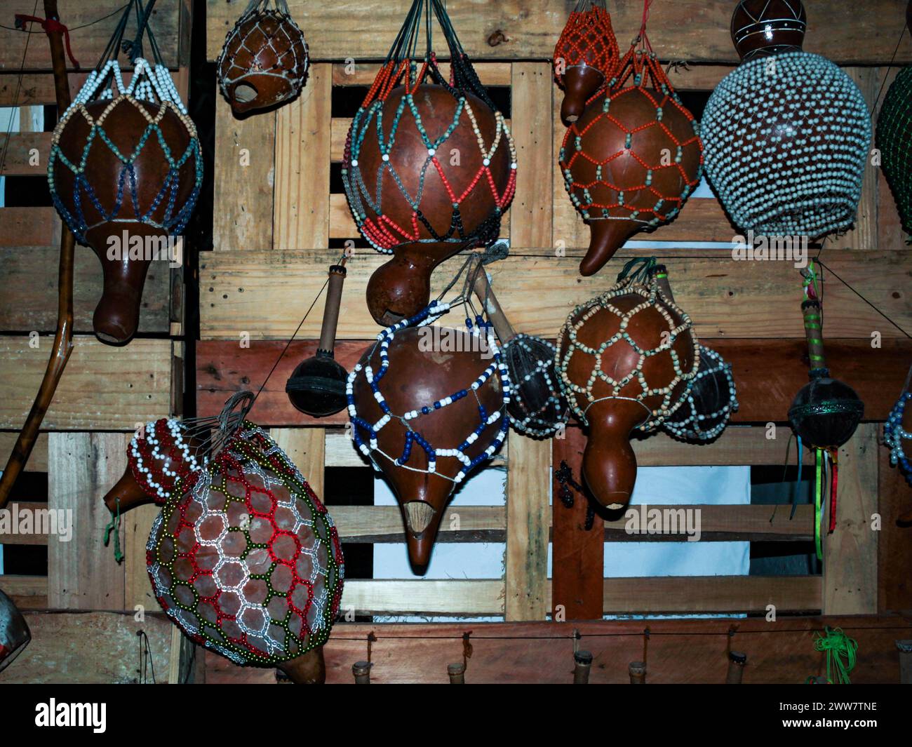 Percussion musical instruments, of African origin, called shequeres ...