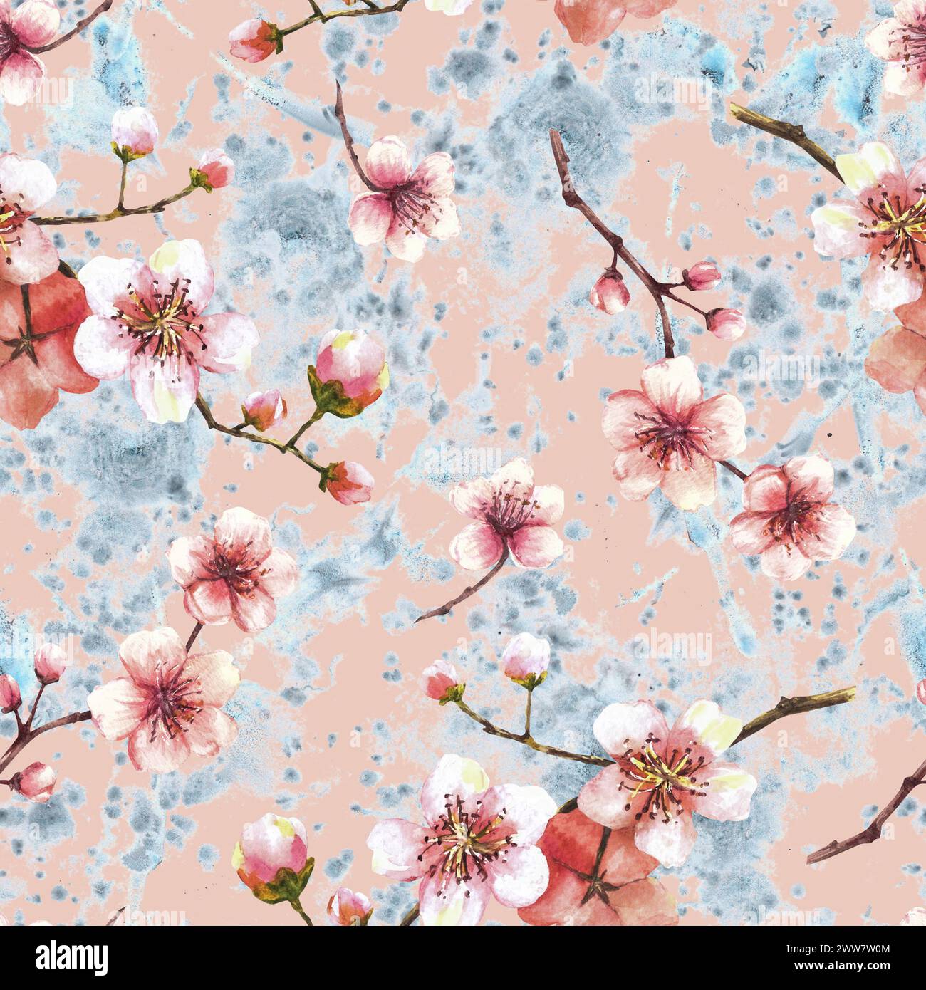 Watercolor spring blooming branch from tree, sakura cherry buds ...