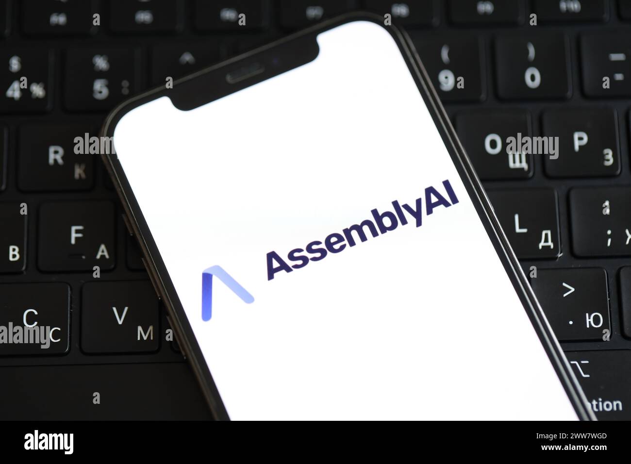 KYIV, UKRAINE - MARCH 17, 2024 AssemblyAI logo on iPhone display screen ...