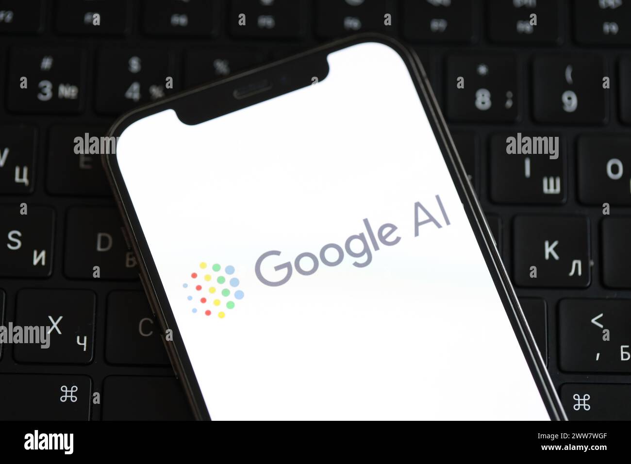 KYIV, UKRAINE - MARCH 17, 2024 Google AI logo on iPhone display screen ...