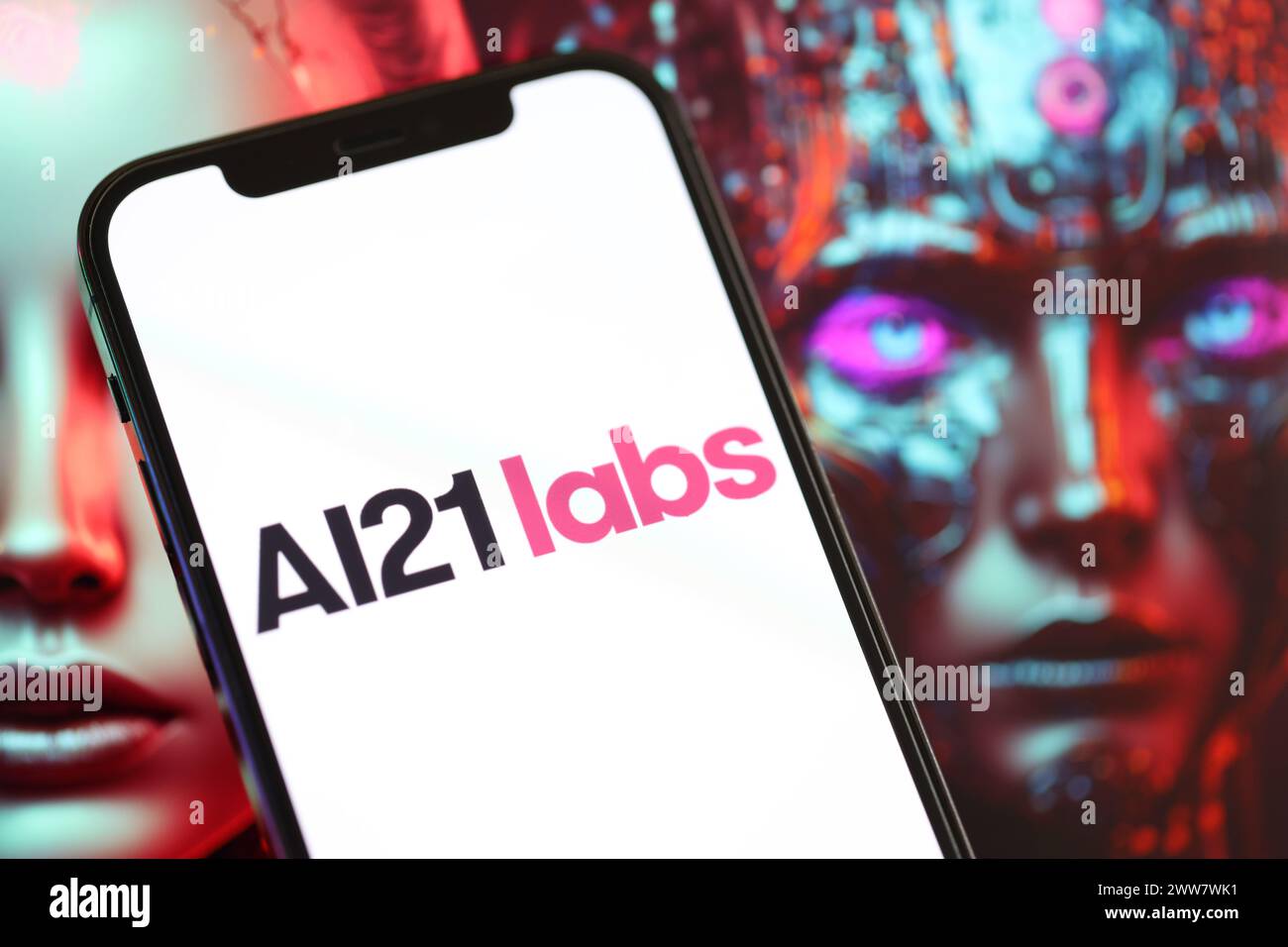 KYIV, UKRAINE - MARCH 17, 2024 AI21labs logo on iPhone display screen with background of ...