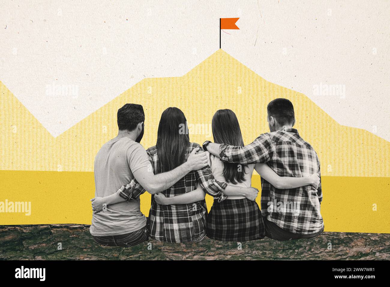 Creative photo collage young best friends buddies sit together hug each ...
