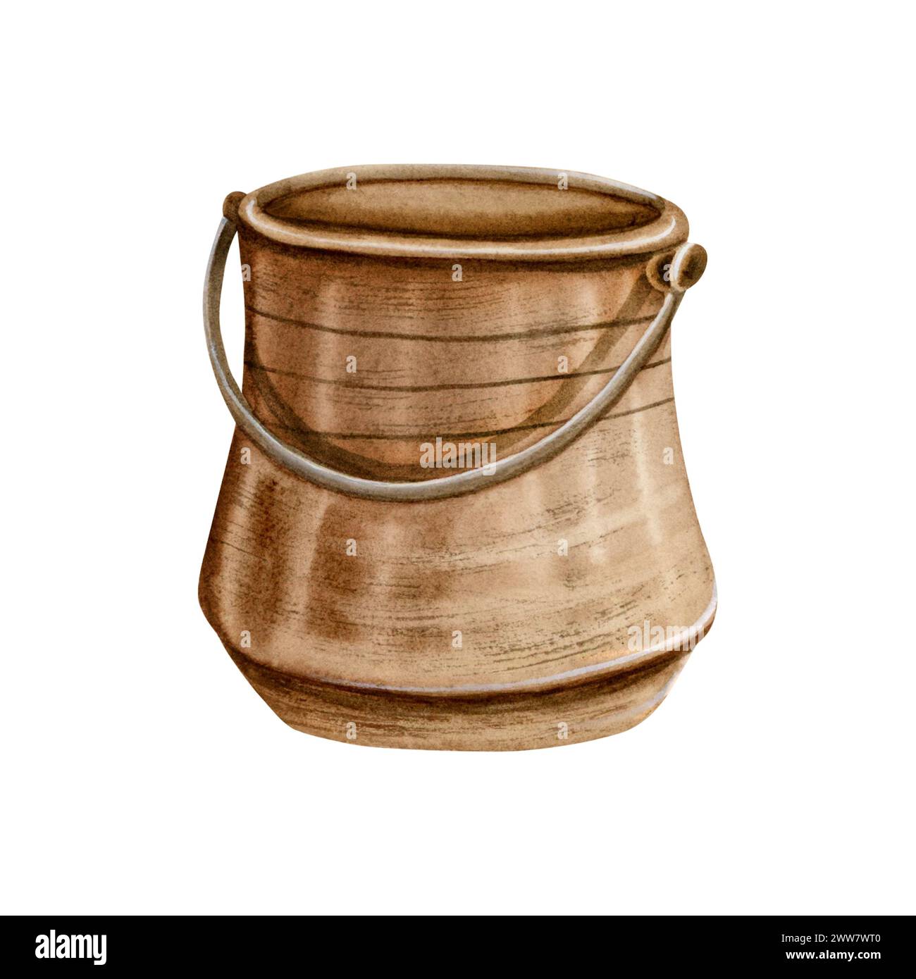 Empty copper bucker with handle watercolor illustration Vintage metal ...