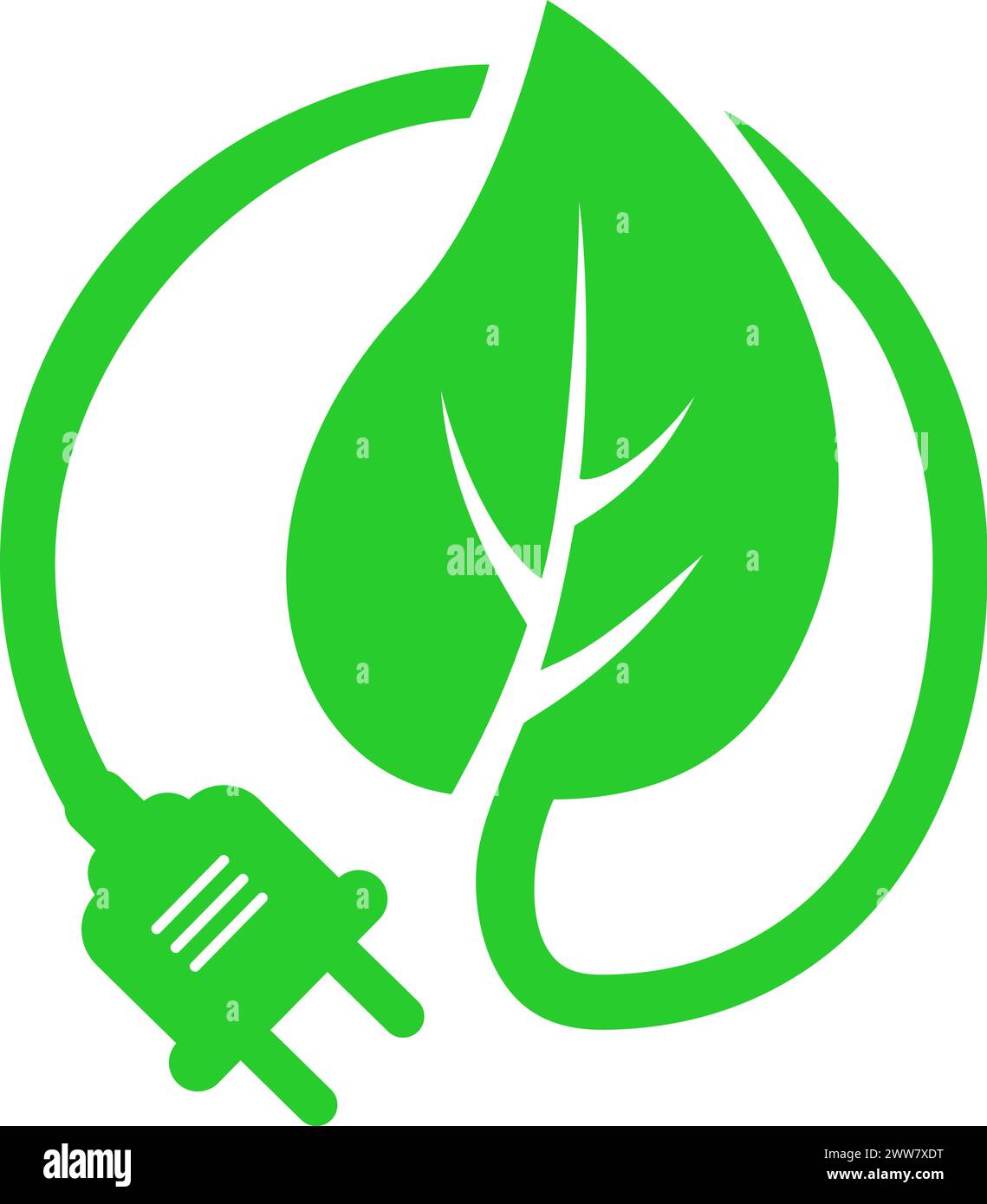 Green energy icon in the form of a wire with a plug socket and a leaf ...