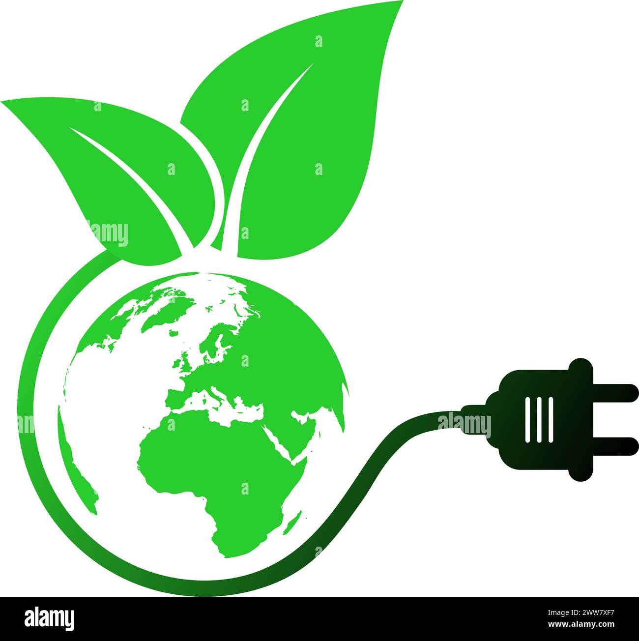 Green energy icon in the form of a wire with a plug socket and a leaf ...