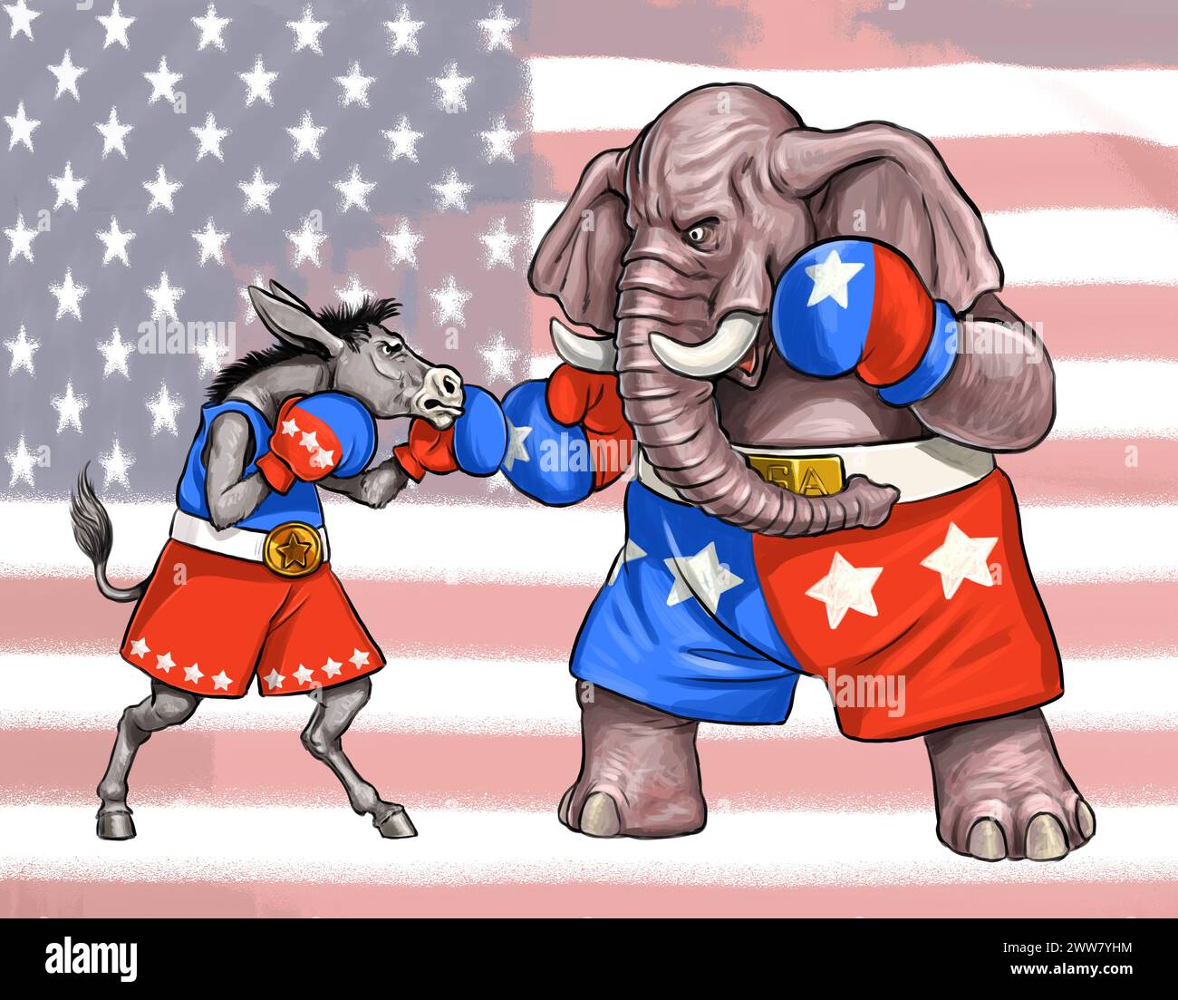 Boxing match between a donkey and an elephant. Political fight between ...