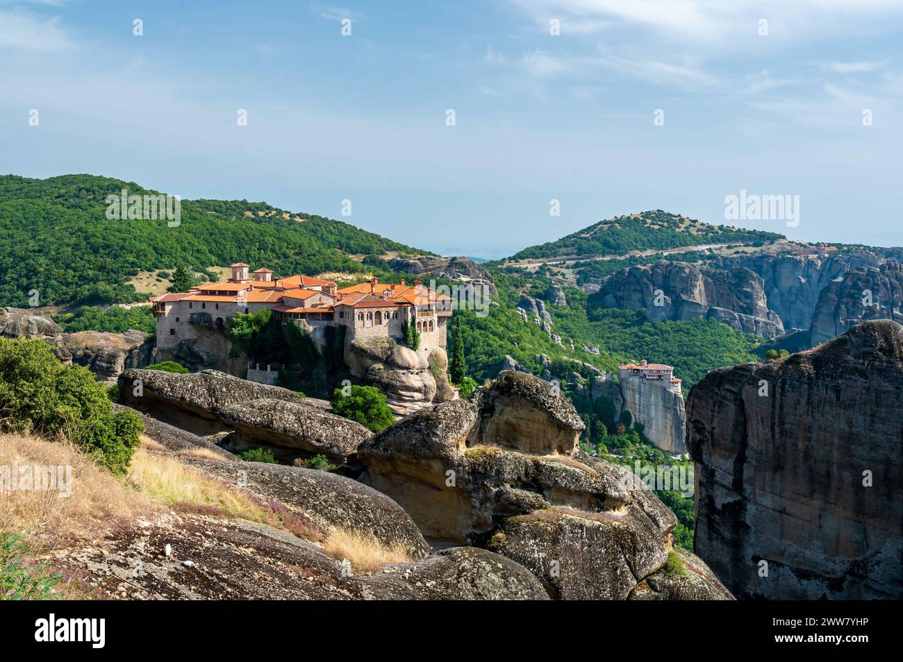 Monastery Meteora Greece. Stunning summer panoramic landscape. View at ...