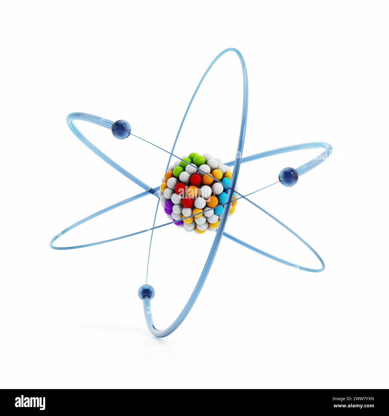 Atom model with orbital electrons isolated on white background. 3D ...