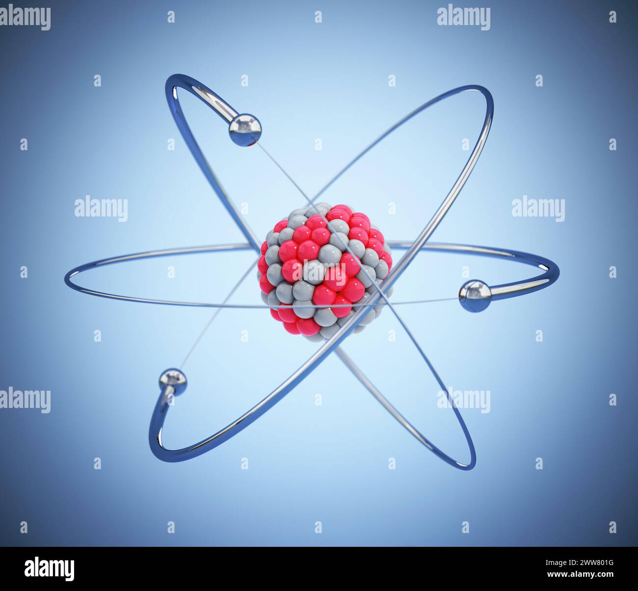 Atom model with orbital electrons isolated on blue background. 3D ...