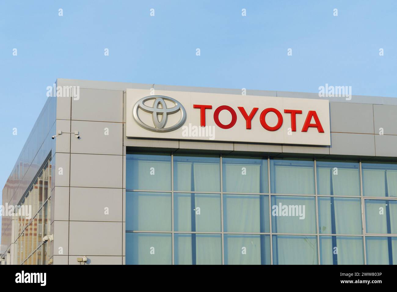 Tyumen, Russia-March 02, 2024: Toyota brand logo sign prominently ...