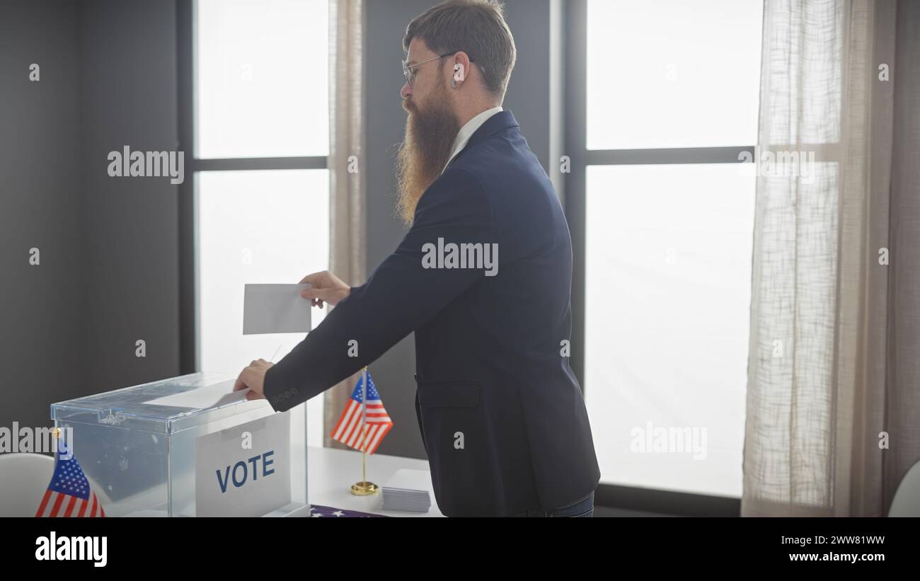 Bearded man in suit casting ballot in american election, indoors with ...