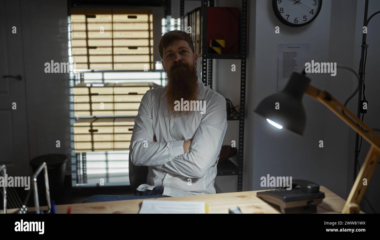 Bearded man with arms crossed stands in a dimly lit detective's office ...