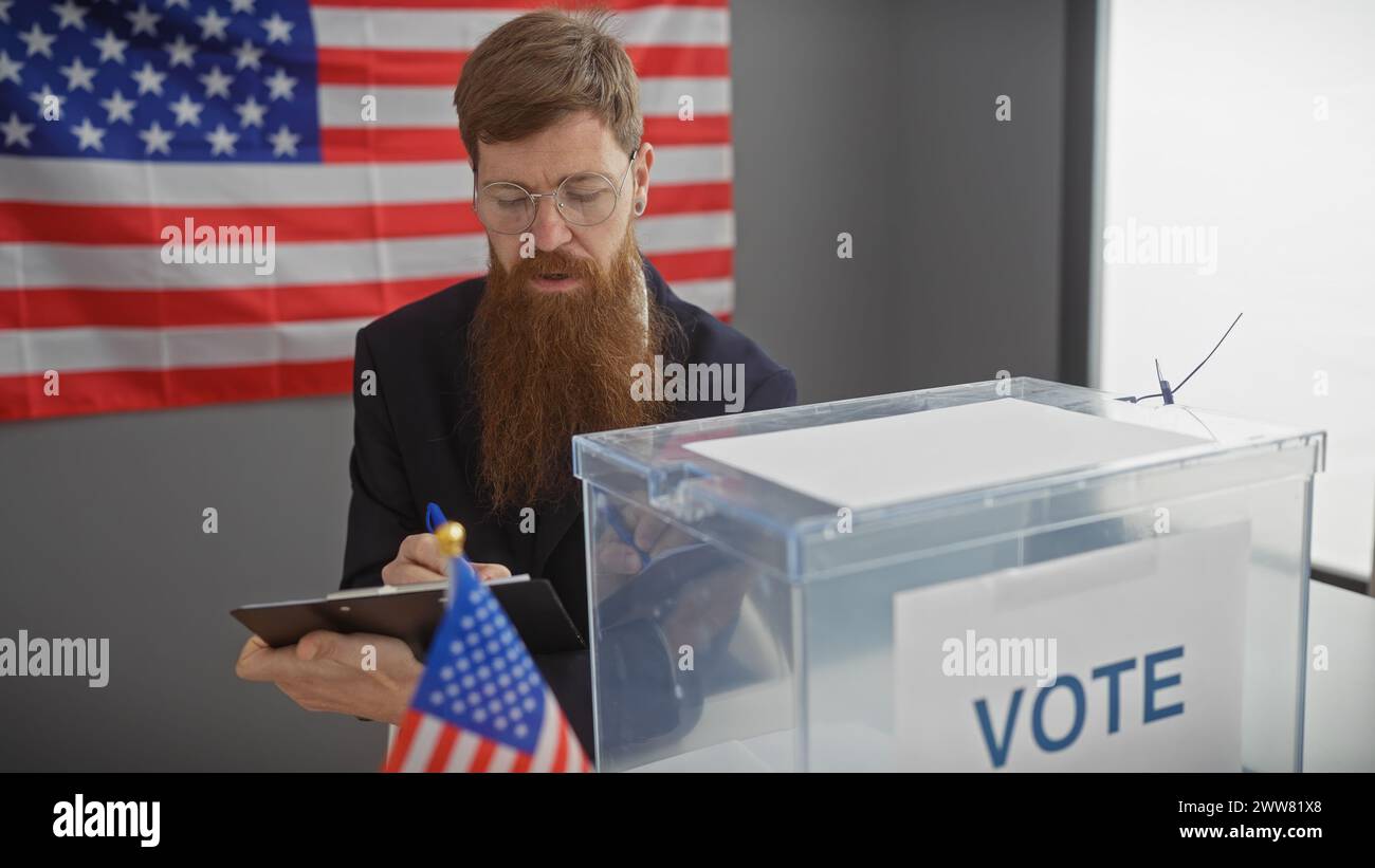 Bearded man with glasses taking notes beside a ballot box with american ...