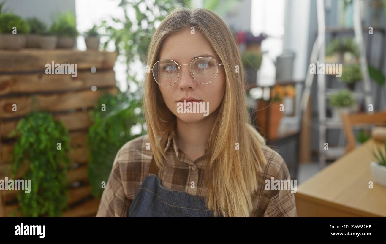 A caucasian woman with glasses stands thoughtfully in an indoor flower shop surrounded by green ...