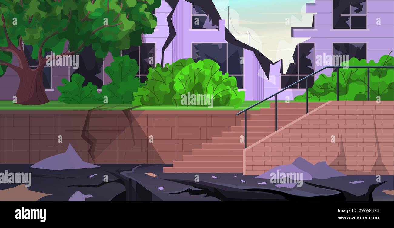 City earthquake. City destruction after quake or disaster with cracks ...