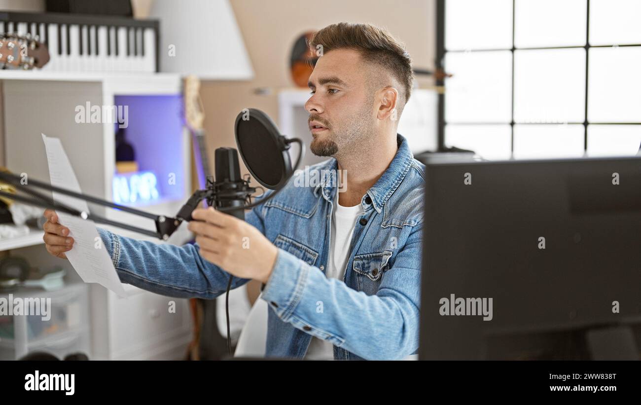Handsome hispanic man reading sheet music while recording in a studio ...