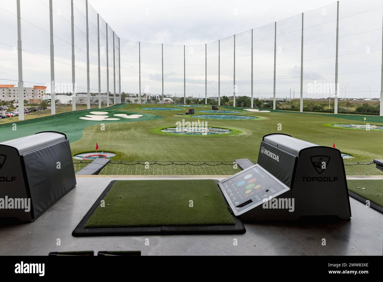 FORT MYERS, FLORIDA, USA - 2 MARCH 2024. TopGolf teeing ground. View of ...
