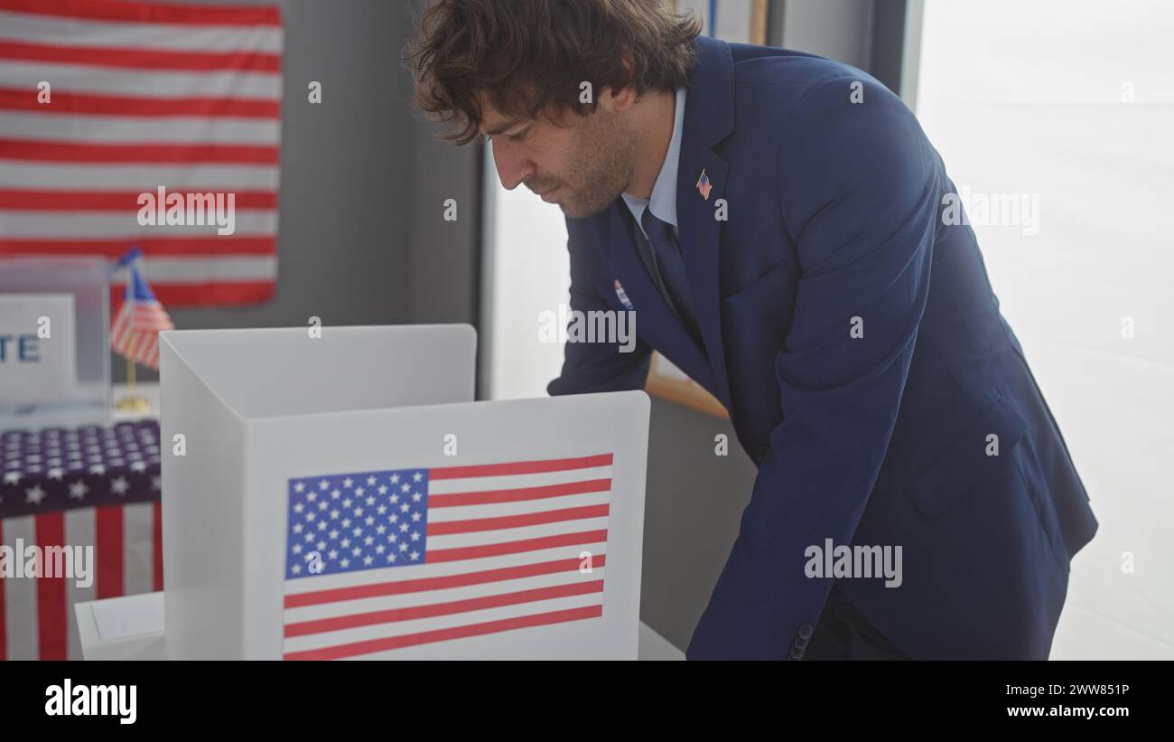 Hispanic man voting in an american electoral setting with a flag ...