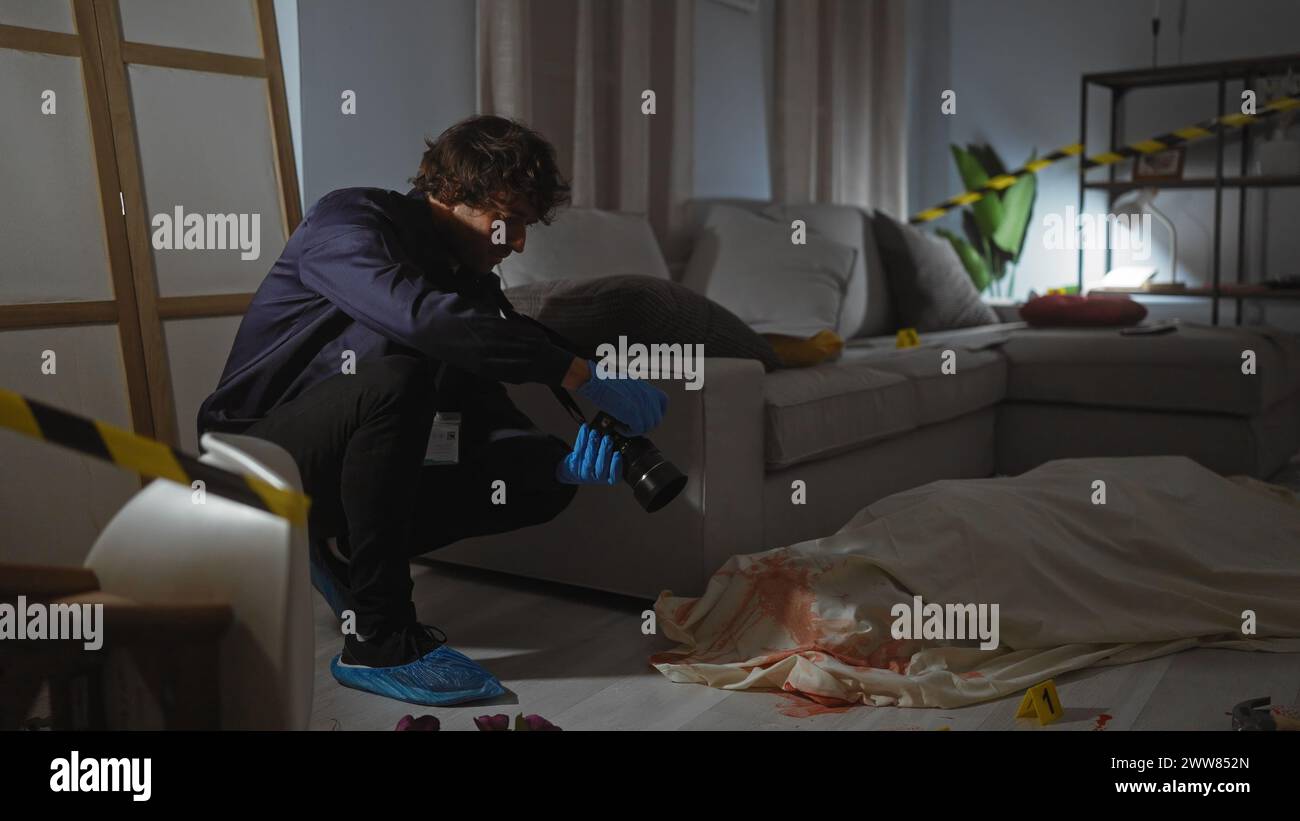 A young man with a camera investigates a crime scene indoors ...