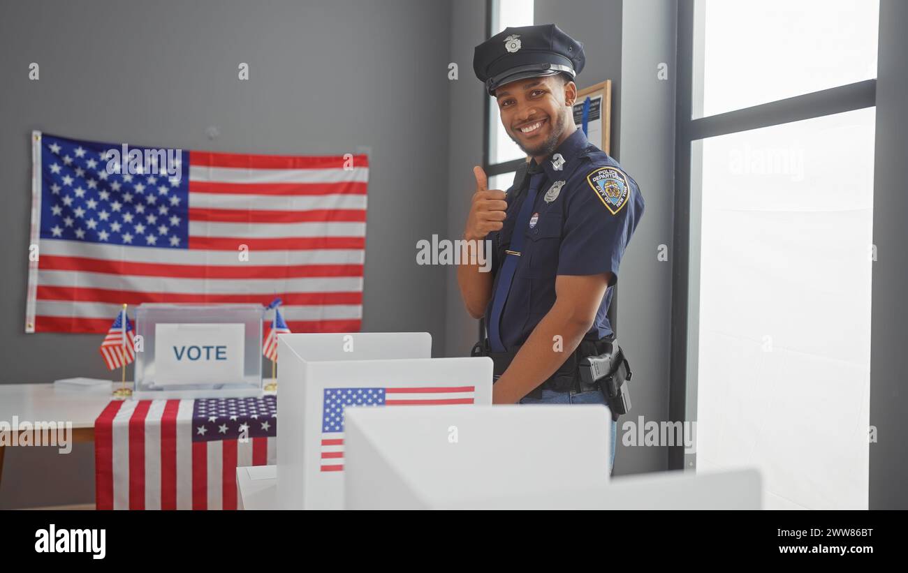 African american police officer giving thumbs up in a us election ...