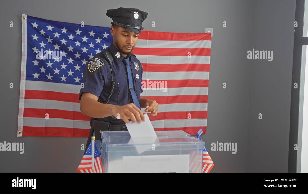 African american police officer voting at a ballot box with us flag in ...