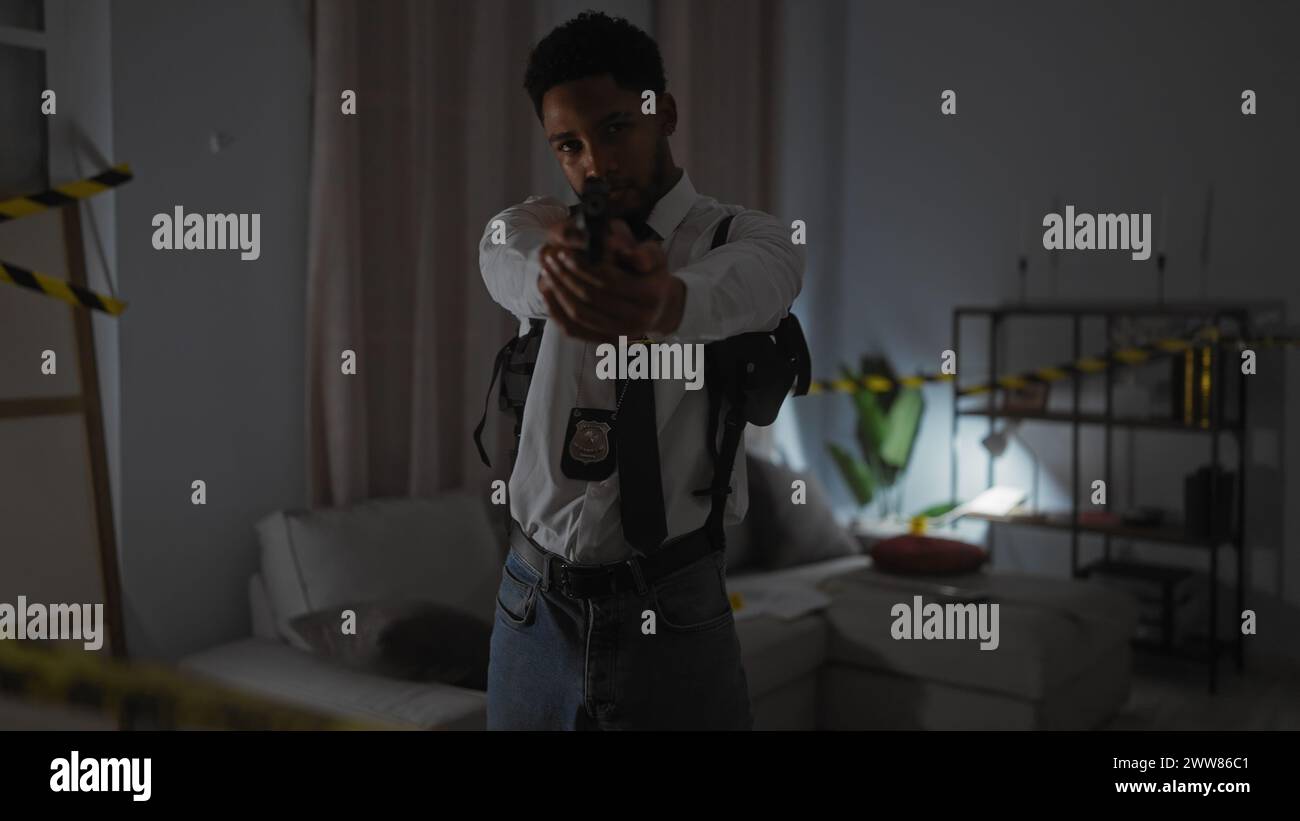 African american detective aiming a gun, in a dimly lit crime scene ...