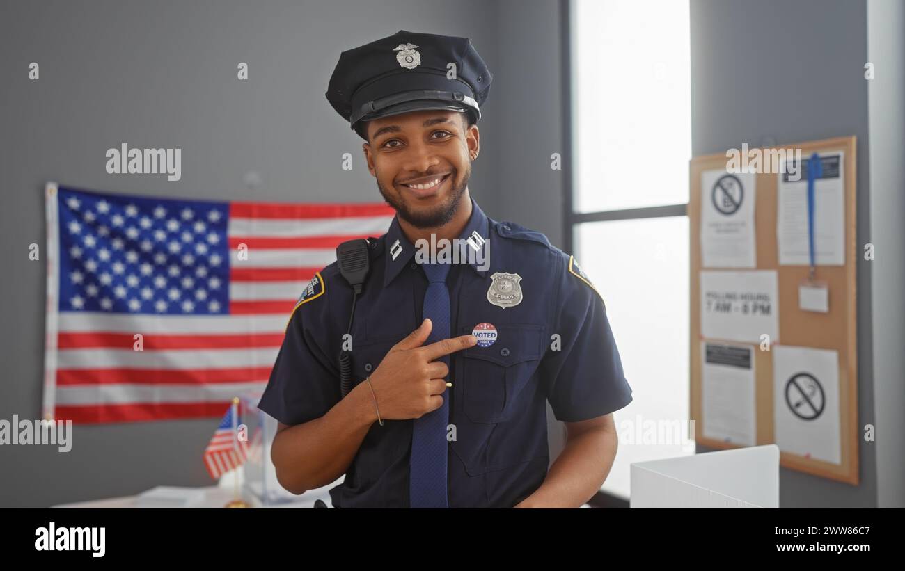 African american police officer with friendly smile flashing i voted ...