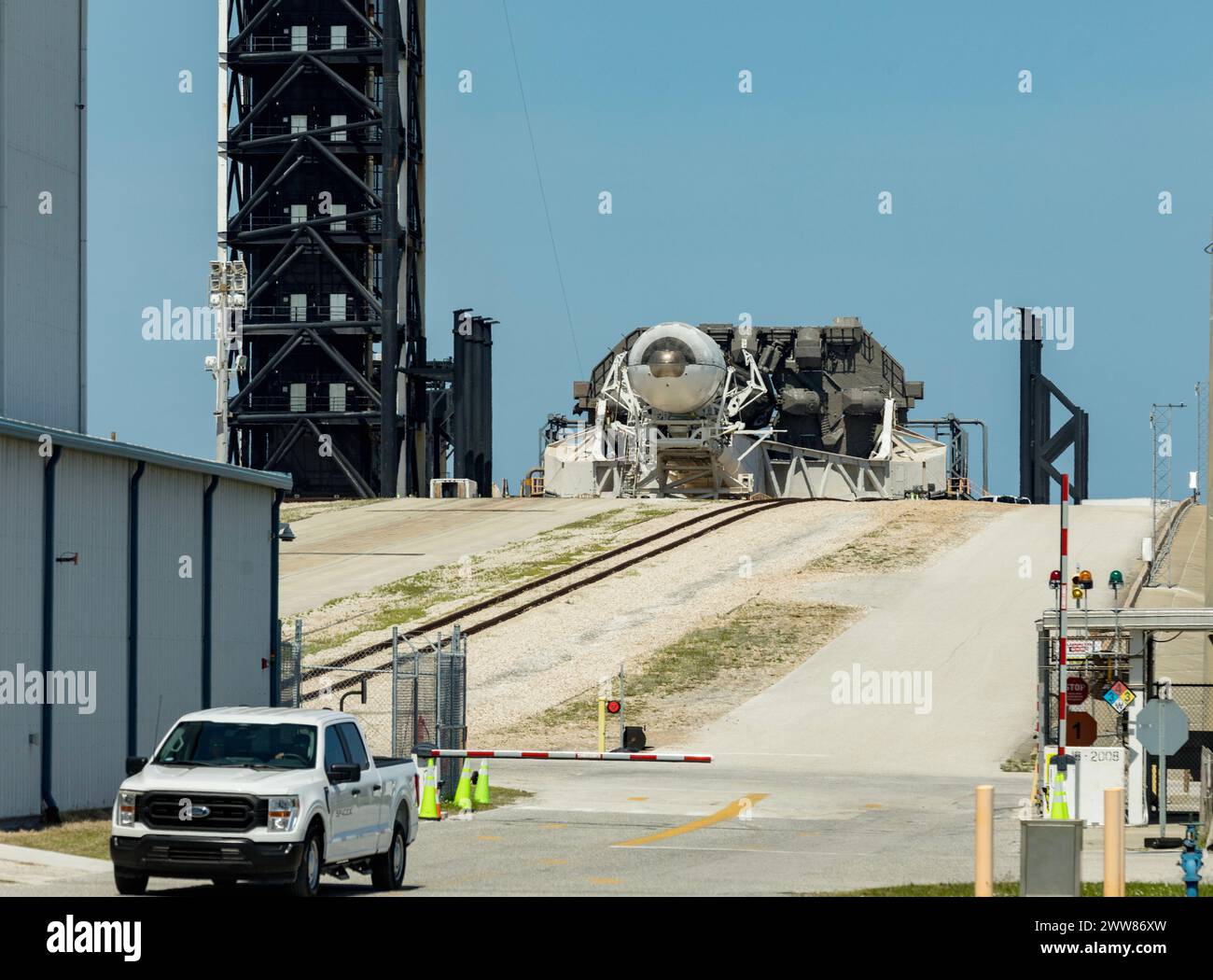 CAPE CANAVERAL, FLORIDA - 15 MARCH 2024. FALCON 9 rocket lying ...