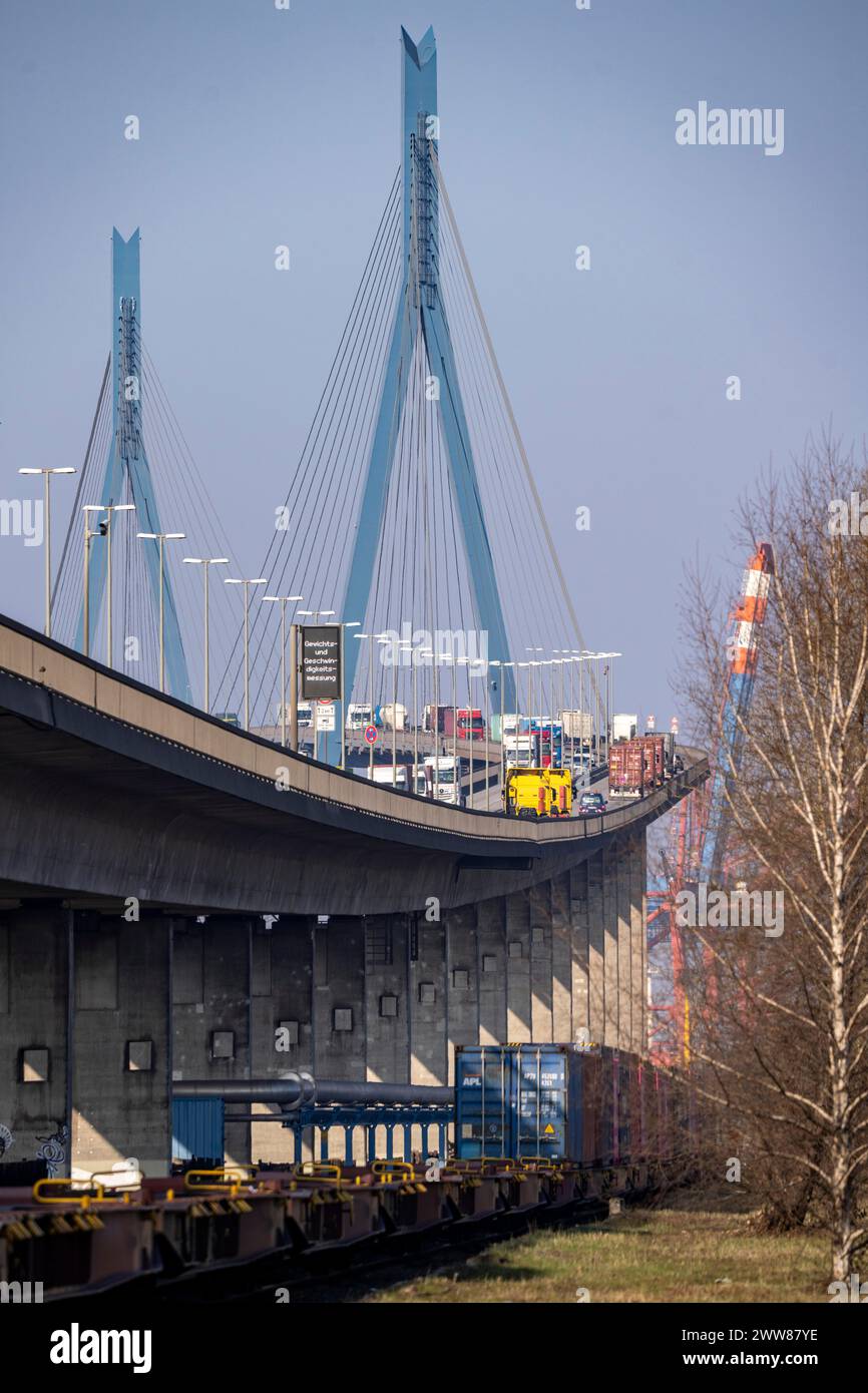 The Köhlbrand Bridge in the port of Hamburg, at the back of the freight ...