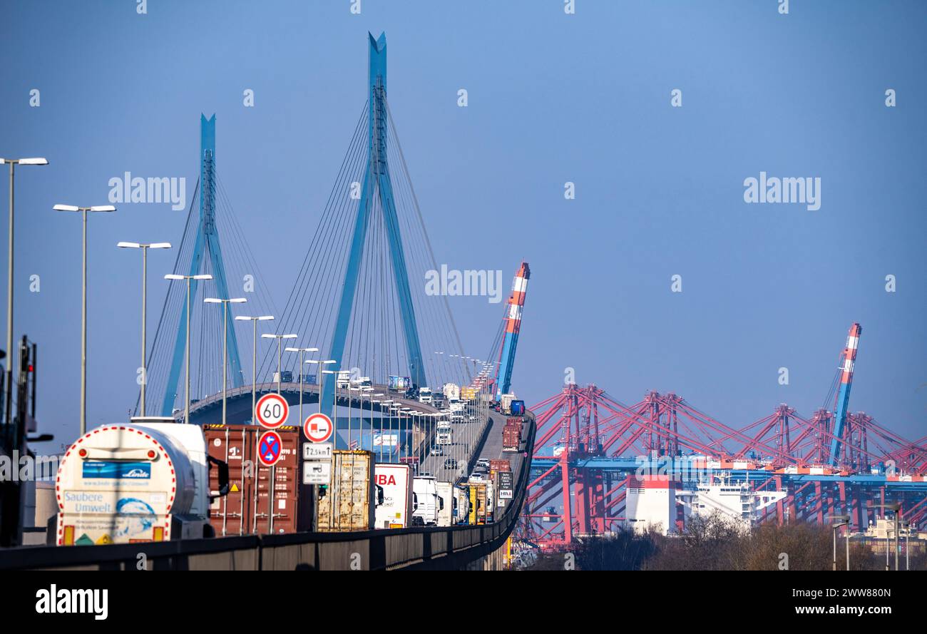 Traffic on the Köhlbrand Bridge in the port of Hamburg, spans the 325 m ...