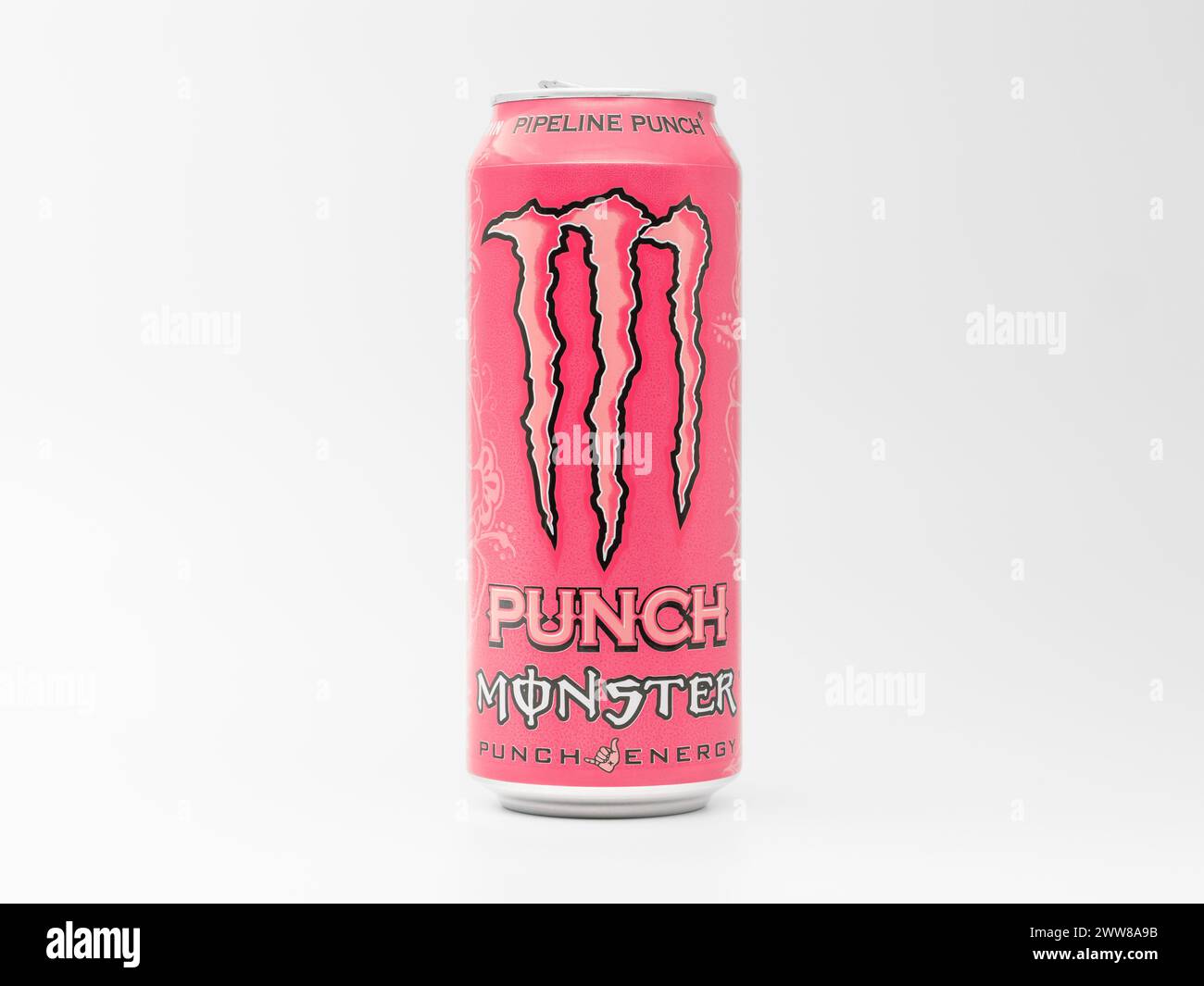 Monster Energy Pipeline Punch beverage. The can is pink colored with ...