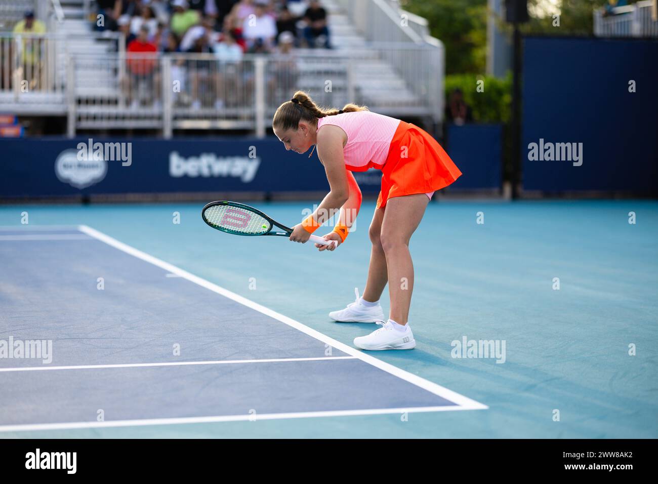 MIAMI GARDENS, FLORIDA - MARCH 21: Jelena Ostapenko of Latvia gets ...