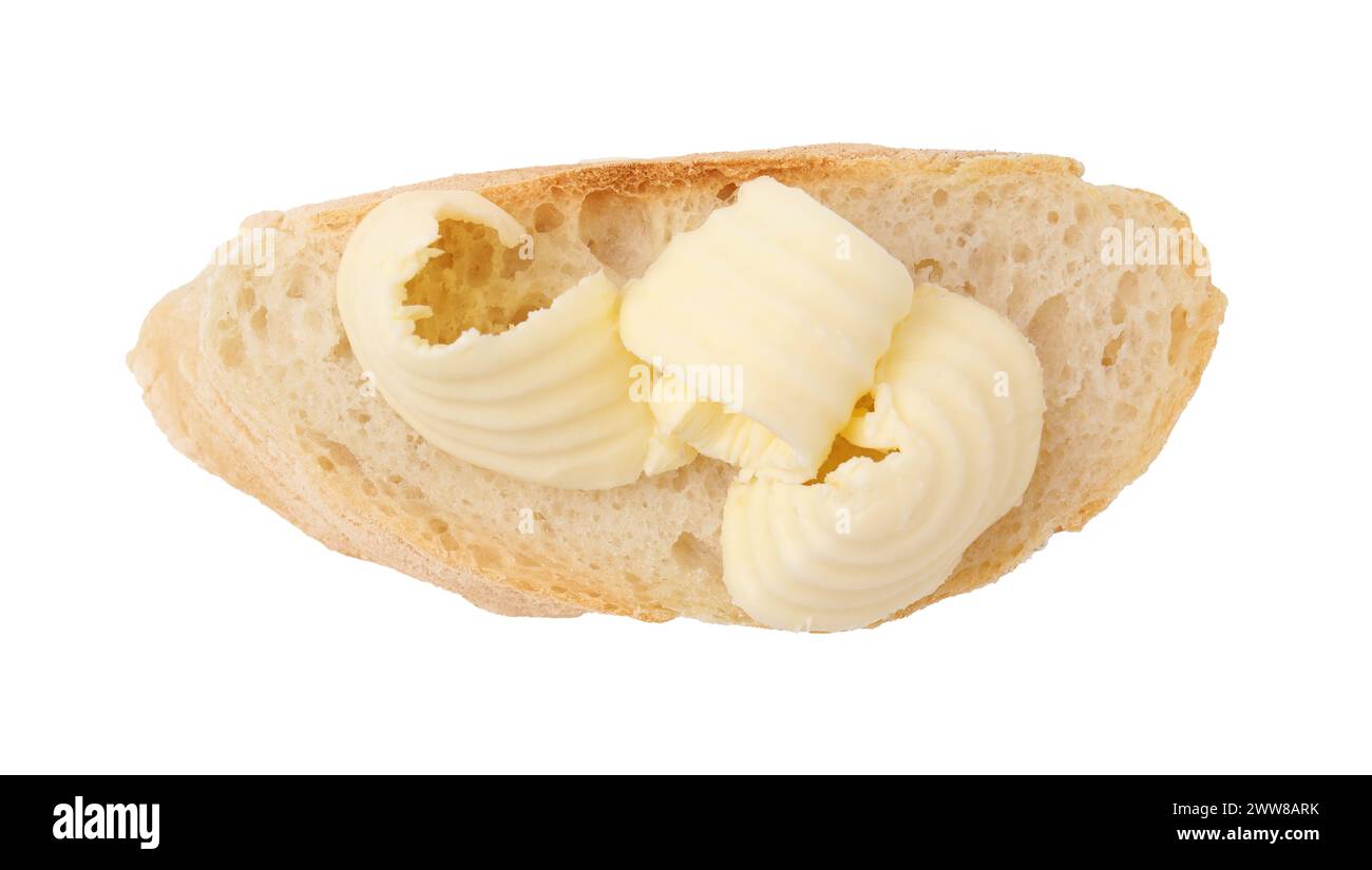 Tasty butter curl and slice of bread isolated on white, top view Stock ...