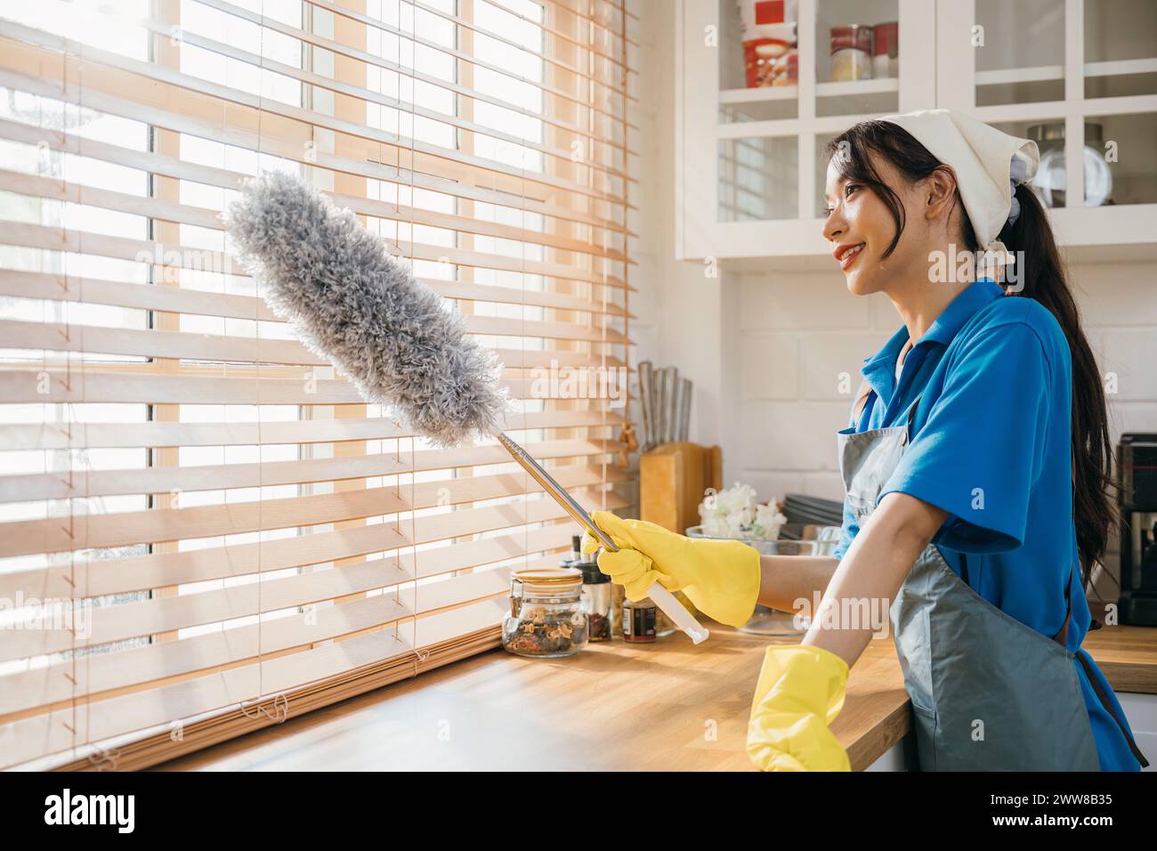 Woman enjoys routine housework cleaning dirty window blinds. Standing ...
