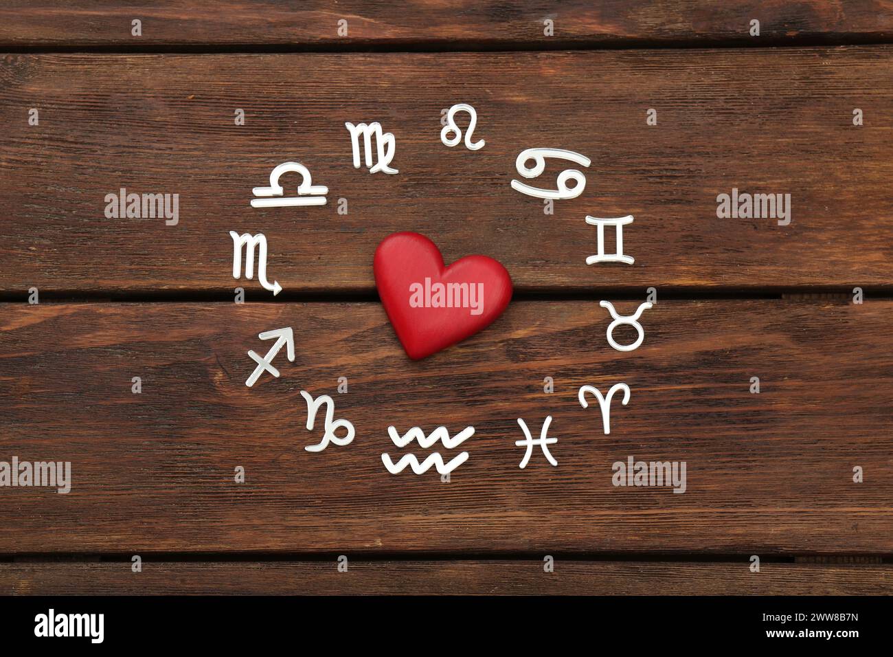 Zodiac signs and red heart on wooden background, flat lay Stock Photo ...