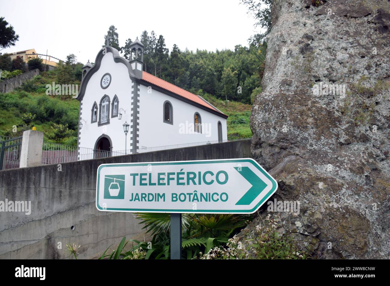 Sign to cable car that links Monte with the Botanical Gardens, Funchal ...