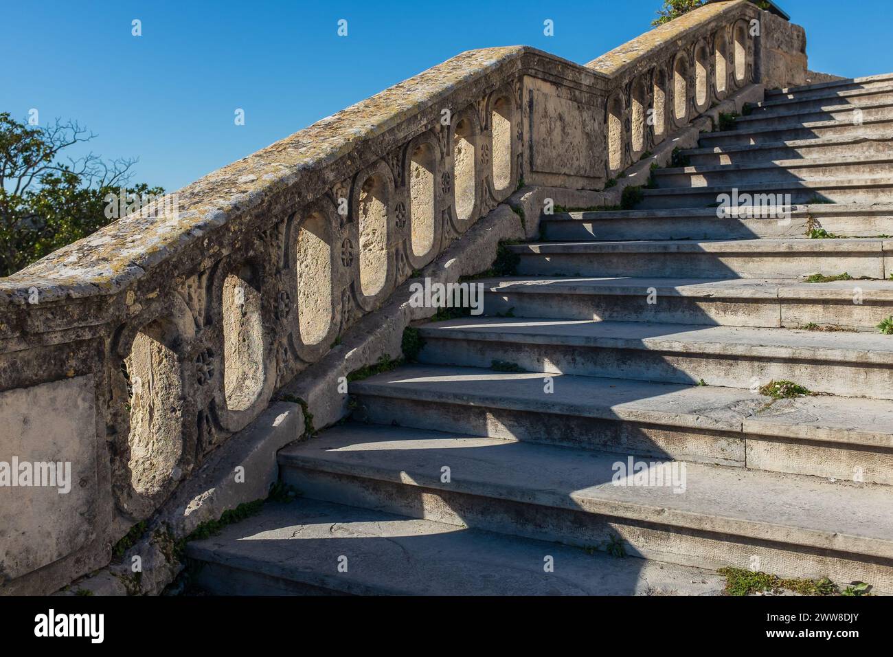 Montpellier, France, 2024. A stairway and stone banister leading to the ...