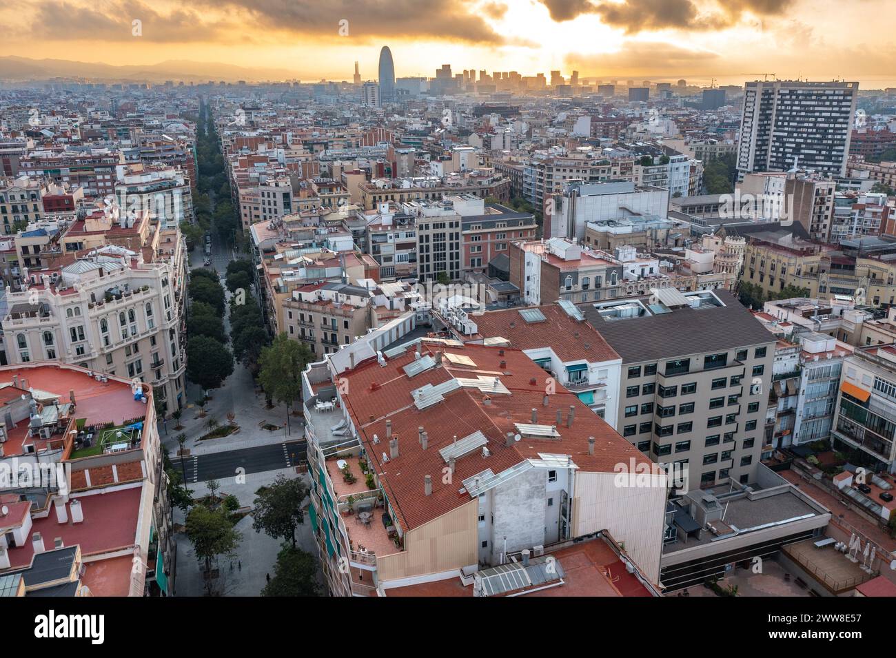 An aerial view over the middle of Barcelona and the roof tops ...
