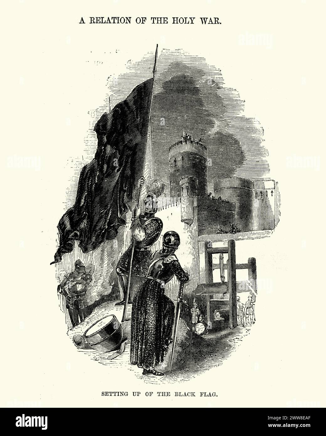 Vintage engraving of from John Bunyan's The Holy War. Setting up the ...