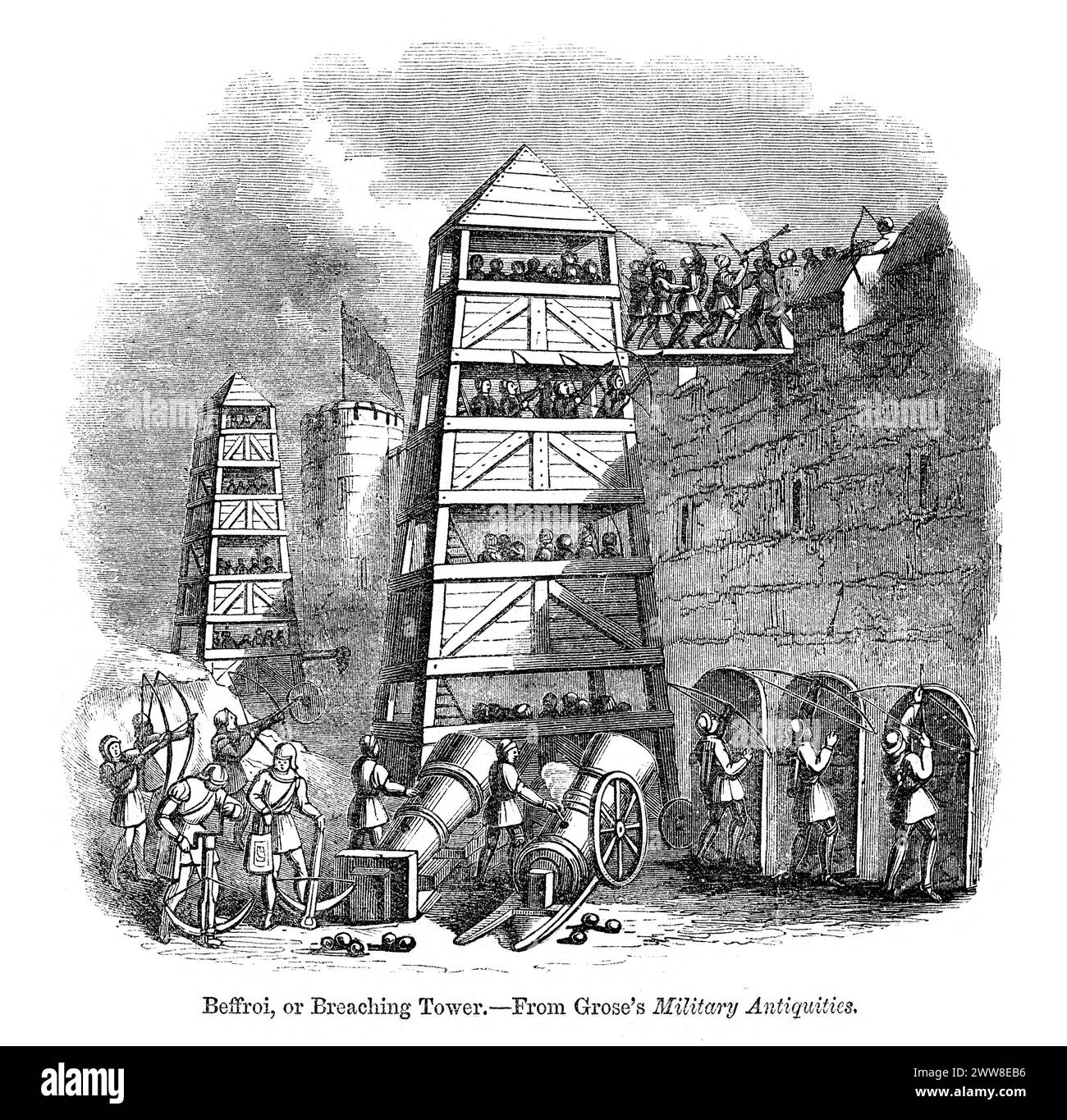 Vintage engraving showing a Beffroi or Belfry Siege tower,1864 Stock ...