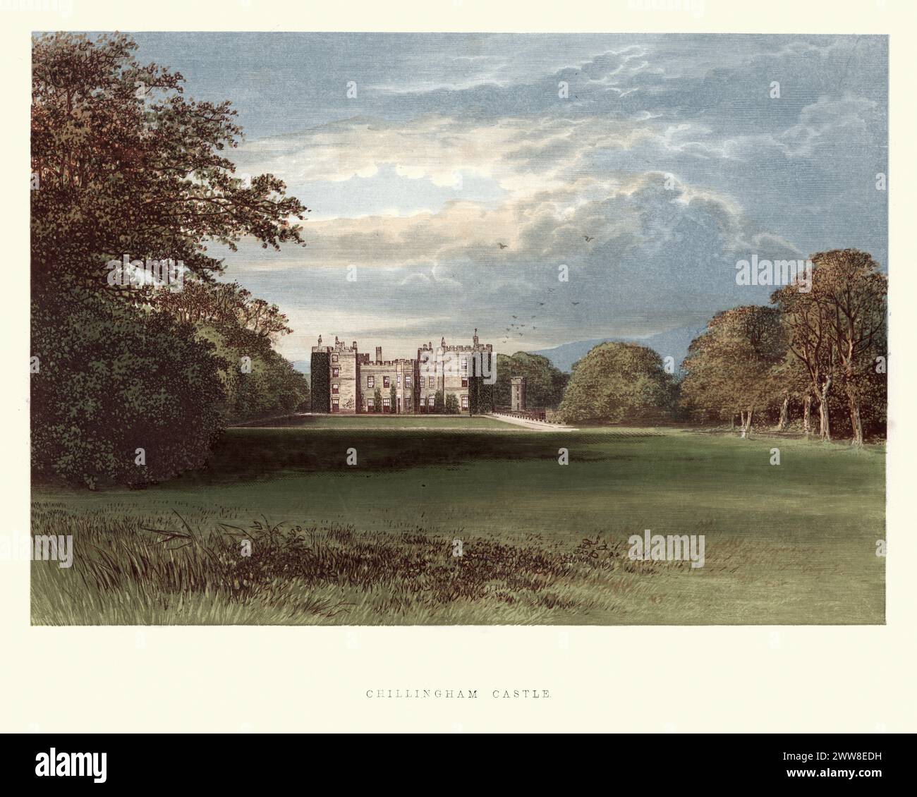 Vintage engraving of Chillingham Castle a medieval castle in the ...