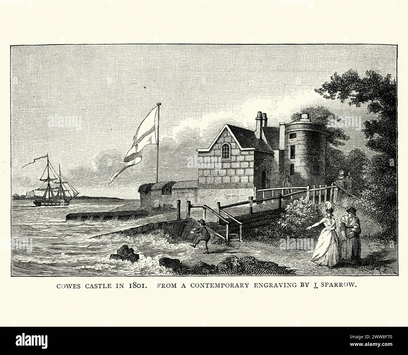 Vintage engraving of Cowes Castle, Isle of Wight, 19th Century. Cowes ...