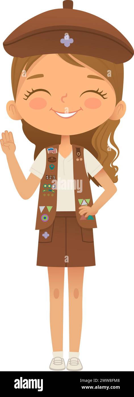 Young smiling girl scout wearing sash with badges isolated on white ...