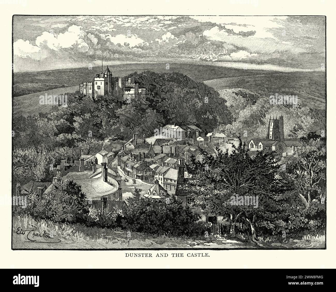 Vintage engraving of Dunster and its Castle, 1892. Dunster is a village ...