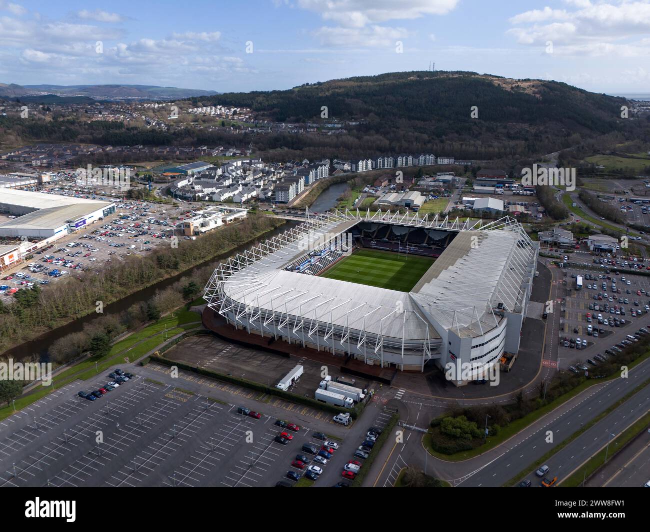 Swansea, UK. 22nd March 2024. Aerial view of the Swansea.com Stadium in ...