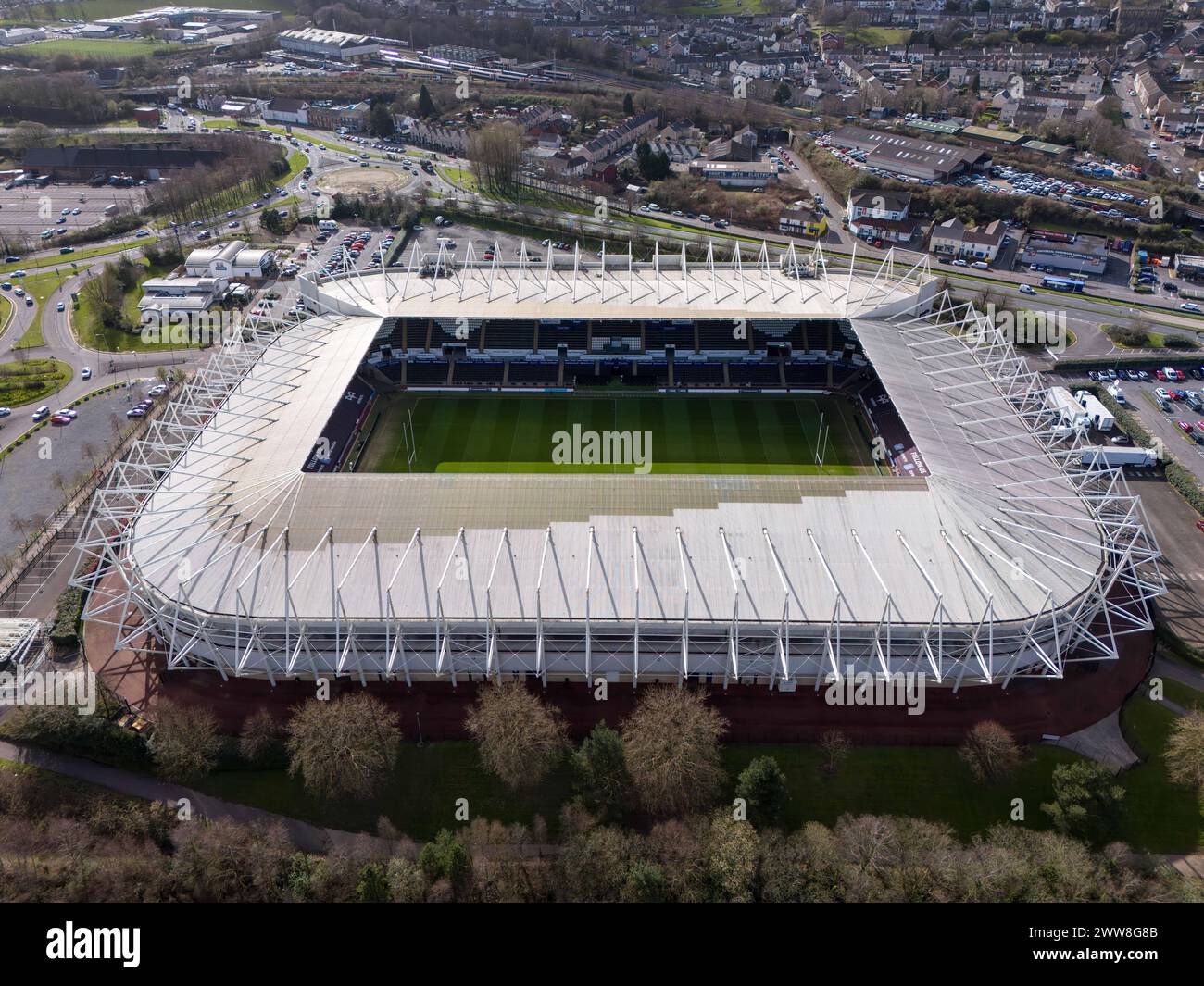 Swansea, UK. 22nd March 2024. Aerial view of the Swansea.com Stadium in ...