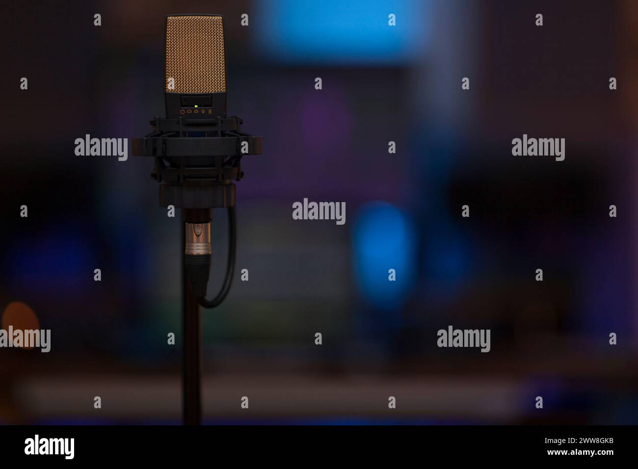 Close up on a high end studio microphone, background is a blurred ...