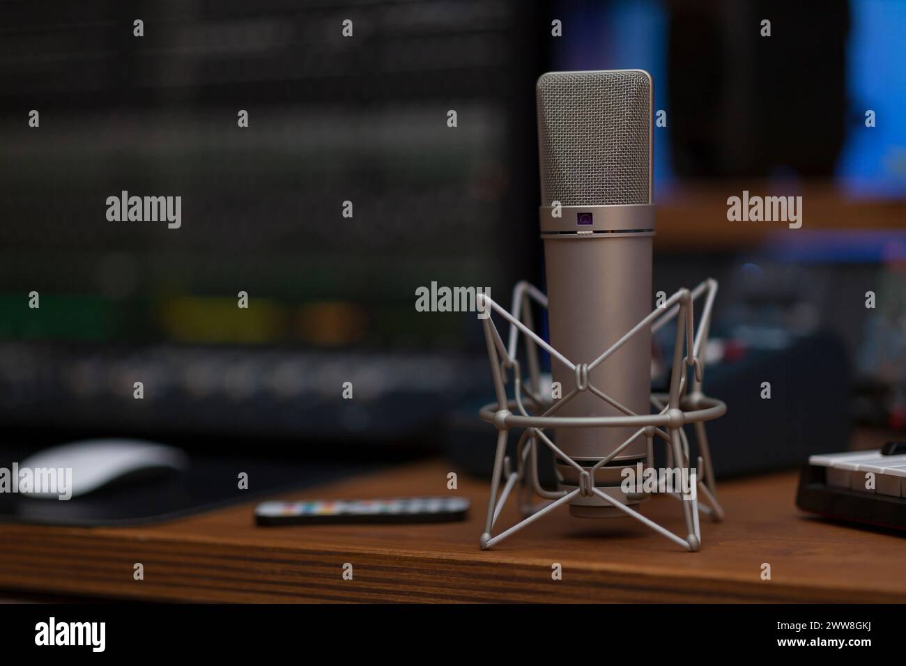 Close up on a high end studio microphone, background is a blurred ...